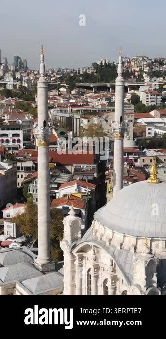Aerial view of Ortakoy Mosque landscape, drone view of the mosque and ...