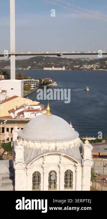 Aerial view of Ortakoy Mosque landscape, drone view of the mosque and ...