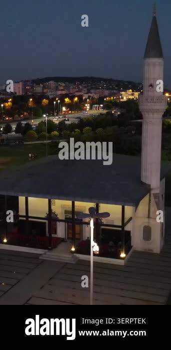 Aerial view of the mosque in the park at night, the holy place of Islam ...