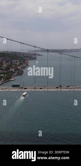Aerial drone view of the Great Istanbul Bosphorus Bridge, the image of ...