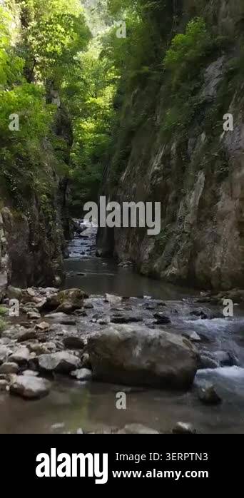 A young man walking canyon river aerial view, nature walks among the ...