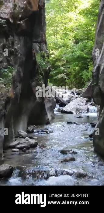 A young man walking canyon river aerial view, nature walks among the ...