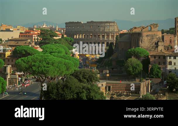 Overhead view of Rome city and coliseum from observation deck Atrio ...