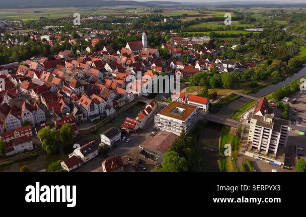 Aerial drone view of Riedlingen Baden-Wuerttemberg Germany showing St ...