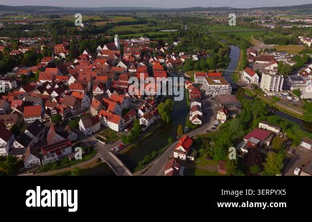 Aerial cityscape of Riedlingen, Germany, showing Old Town skyline, St ...