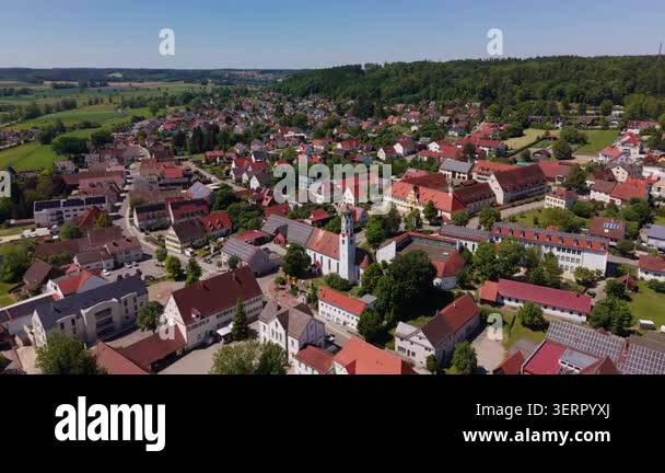 Aerial cityscape of Dinkelscherben in Bavaria showing St. Anna church ...