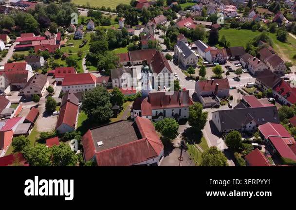 Sunny aerial panorama of Dinkelscherben, Germany, with the tower of St ...