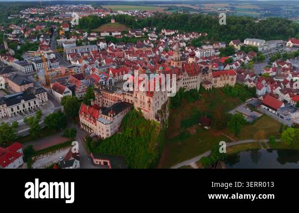 Panoramic drone view of Hohenzollernschloss Sigmaringen, Germany ...
