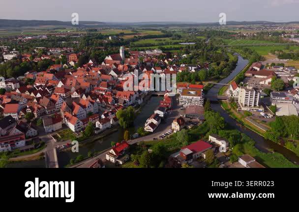 Drone shot of Riedlingen Germany highlighting St. Georg tower medieval ...