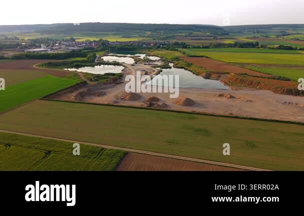 Aerial survey of a large aggregate production site showing gravel ...