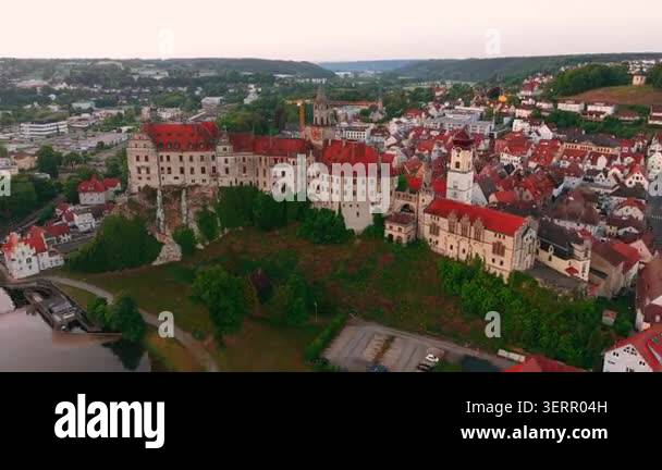 Aerial cliff view of the Hohenzollern palace in Germany. Picturesque ...