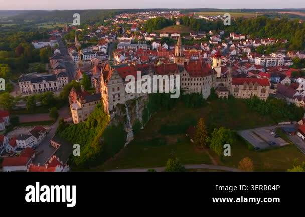 Majestic drone view of the historic Sigmaringen Castle overlooking the ...