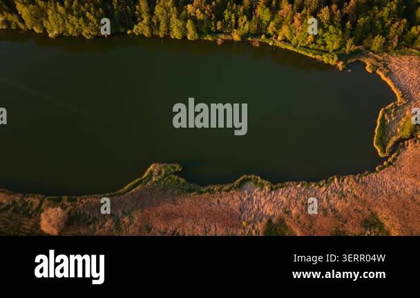 High angle drone view of Roggenburg Abbey lake and surrounding forest ...