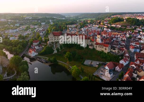 Scenic drone shot of the historic Sigmaringen Castle situated on a ...