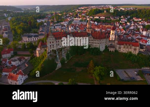 Panoramic drone shot of the royal residence of Sigmaringen Castle in ...