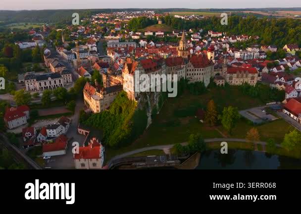 Captivating aerial photography of Sigmaringen Castle nestled on a ...