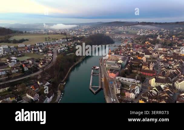 Aerial view of Schaffhausen, Switzerland, with Rhine River winding ...