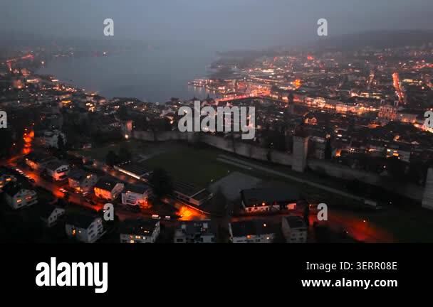 Musegg Wall and its nine towers aerial view at night overlooking ...