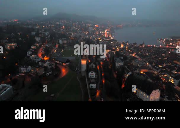 Musegg Wall and its nine towers aerial view at night overlooking ...