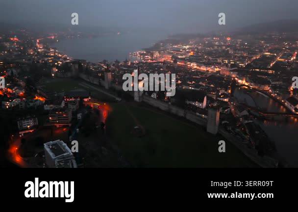 Musegg Wall and its nine towers aerial view at night overlooking ...
