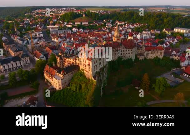 Stunning aerial drone view of the clifftop Sigmaringen Castle from the ...