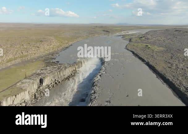 Aerial flight over the famous and powerfull Gullfoss waterfall on a ...