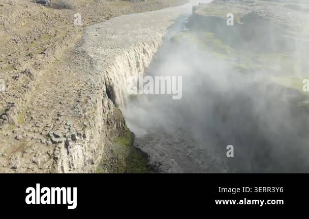 Aerial flight over the famous and powerfull Gullfoss waterfall on a ...