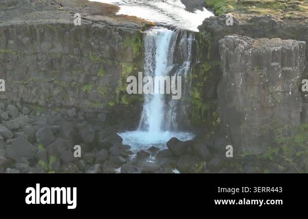 Aerial flight over the famous and beautiful OexararfossOxararfoss ...