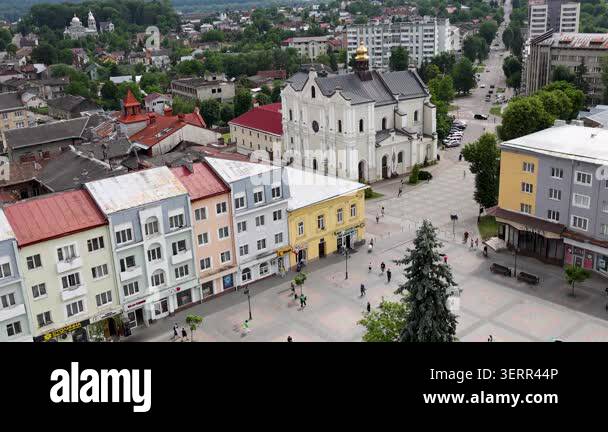 High angle stationary shot from the city hall tower overlooking ...