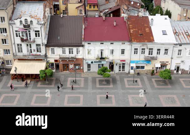 High angle stationary shot from the city hall tower overlooking ...