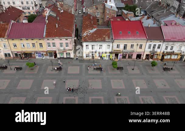 High angle stationary shot from the city hall tower overlooking ...