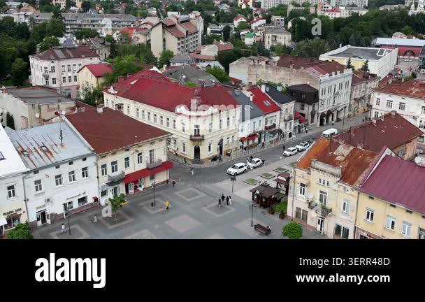 High angle stationary shot from the city hall tower overlooking ...