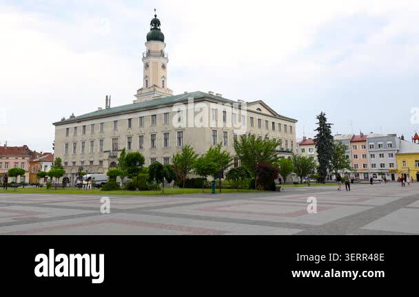 Main facade of the historic city hall building with a clock tower on ...