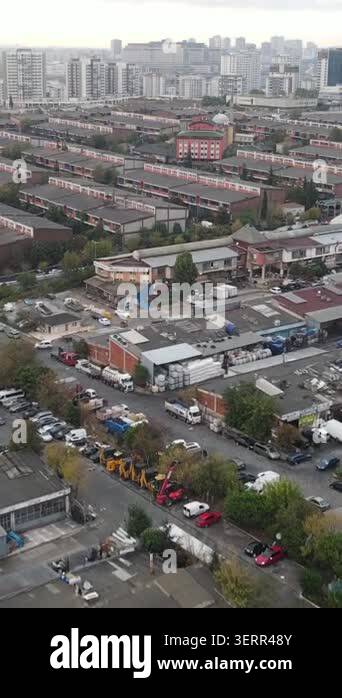 Industrial area in ural region drone, aerial shot of garages ...