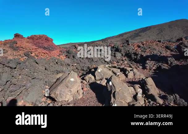 Scenic footage landscape of Piton de la Fournaise (Peak of the Furnace ...