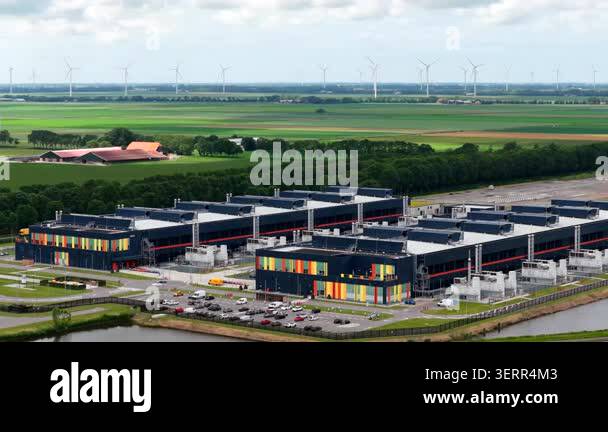 Aerial view of a large data center complex in Middenmeer, Netherlands ...