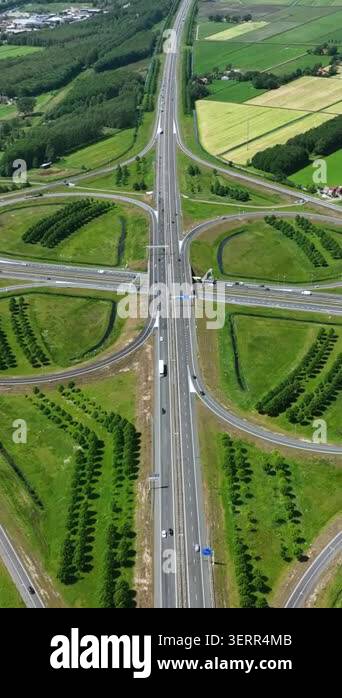 Aerial view of a large highway cloverleaf junction near Heerenveen in ...