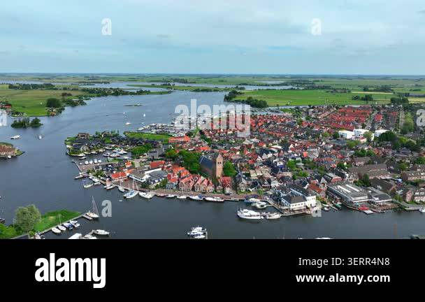 Aerial view of the city Grou in Friesland, Netherlands, Europe ...