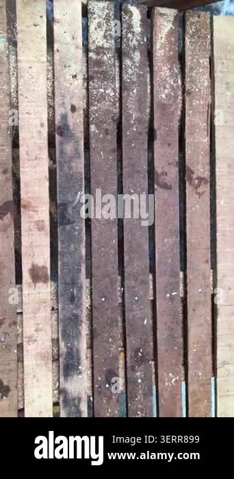 Top view of a person walking along a weathered wooden bridge in the ...