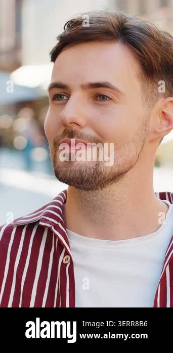 Portrait of happy brunette bearded man smiling friendly, glad ...