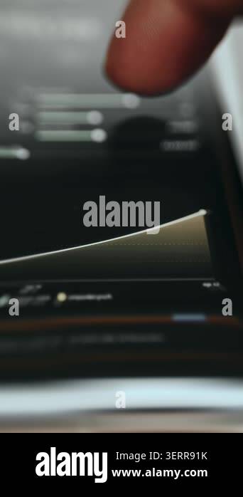 Dark mobile interface with upward-line graph, user interacts with ...