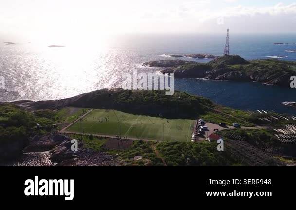 Aerial view of Henningsvr Football Soccer Stadium in Lofoten, Norway ...