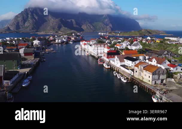 Aerial summer view of a Lofoten Islands harbor in Henningsvaer, Norway ...
