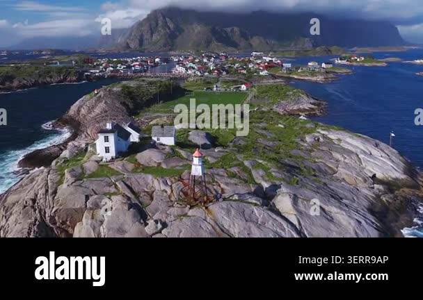 Aerial summer view in Lofoten, Norway shows Henningsvaer Stadion on a ...