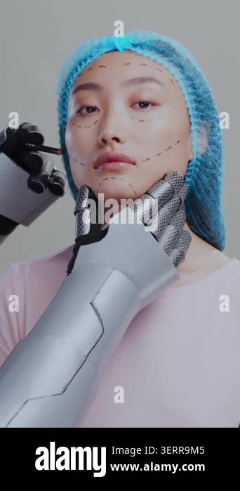 Future concept. Intelligent artificial robot cyborg employee checking ...