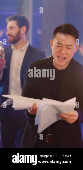 Chinese excited man boss reading successful financial report throwing ...