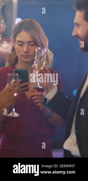 Young business lady in formal dress using cellphone notification social ...