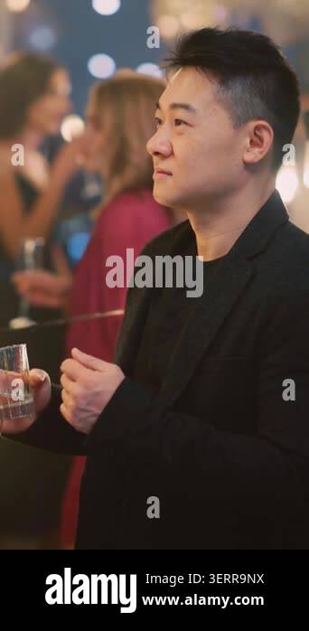 Asian Attractive Positive Man Holding Glass of Alhocol Drink Dancing ...