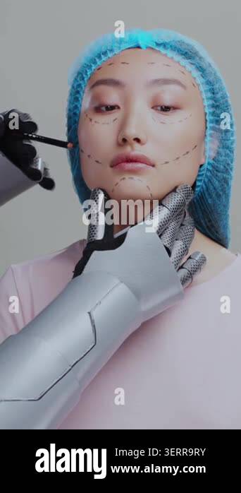 Cosmetology. AI concept. Futuristic cybernetic robot droid checking ...