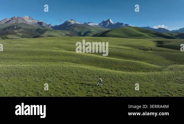 Aerial drone footage of a person cycling across a vast green meadow ...